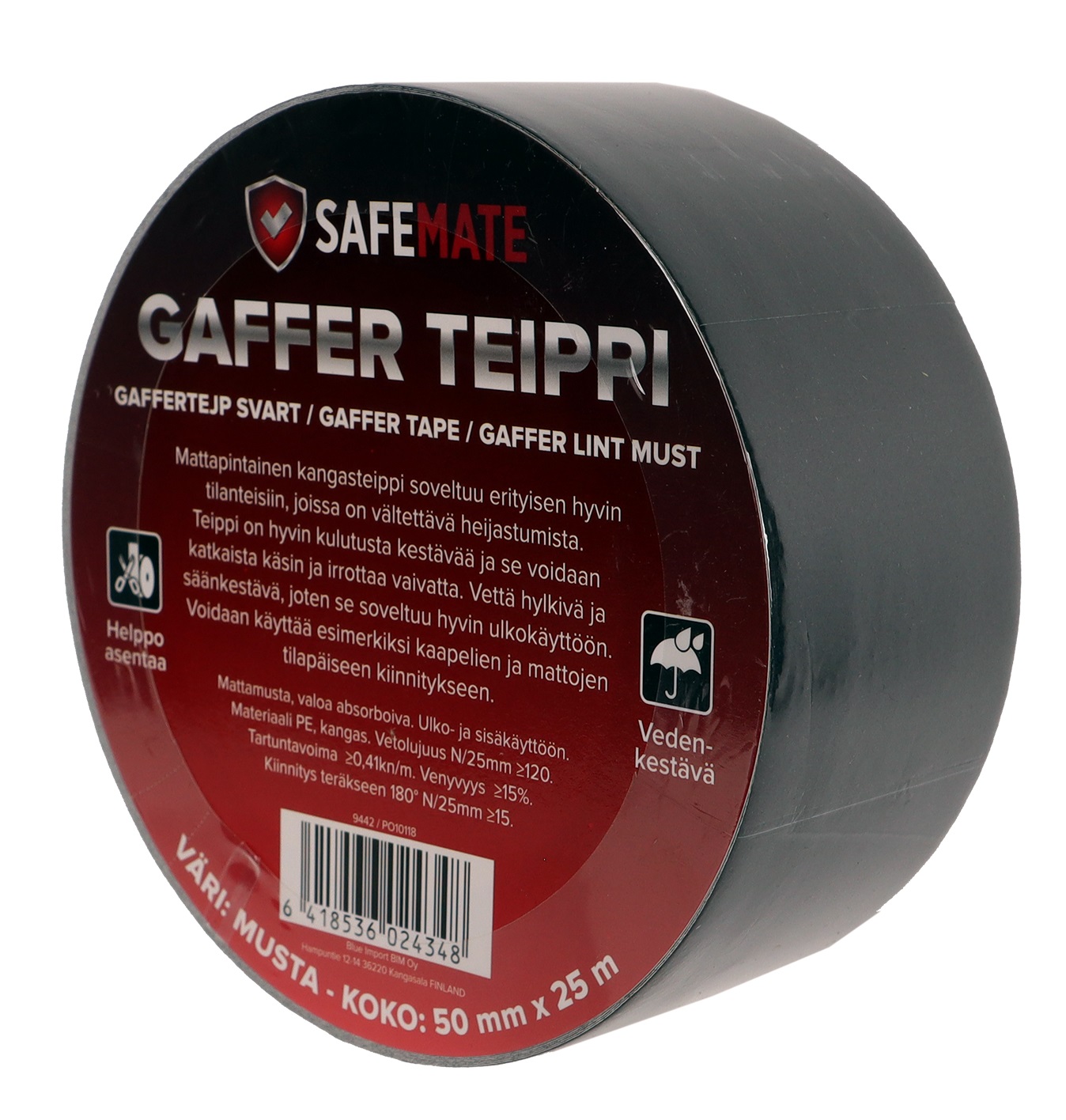 SafeMate Gaffer teippi 50mm x 25m musta - Hammer verkkokauppa